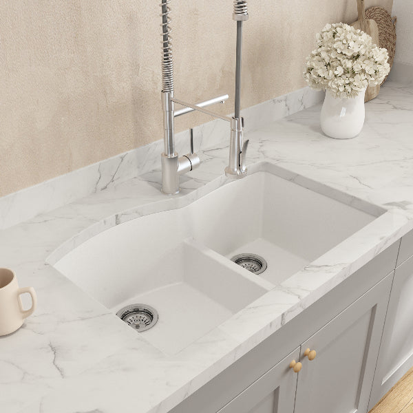 BOCCHI Campino 33D Milk White Double Bowl Granite Undermount Sink ...